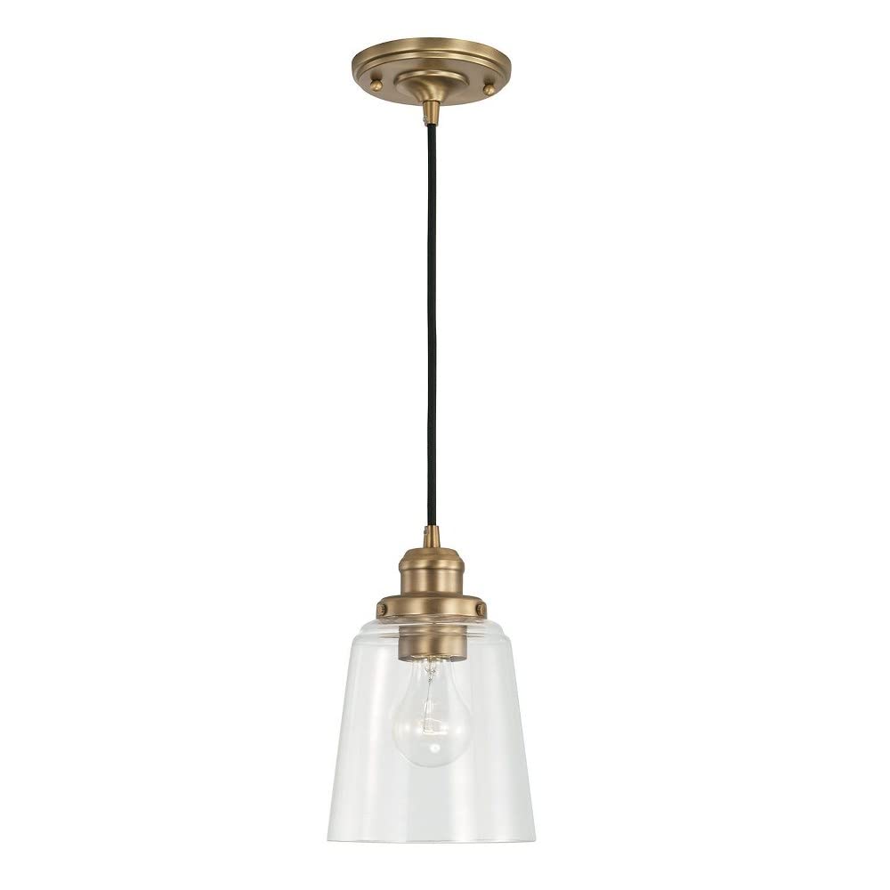 Capital Lighting 3718AB-135 Fallon Urban/Industrial Clear Glass Pendant Light Fixture, 1-Light 100 Watt, 9" H x 6" W, Aged Brass and Black