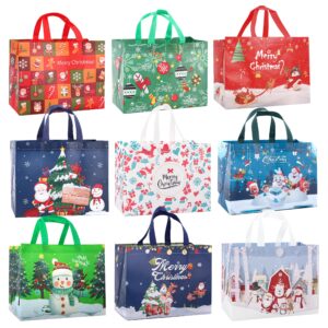 cvndkn christmas gift bags,9 pcs christmas tote bags with handles for shopping,grocery bags,gifts wrapping,christmas party supplies decorations,12.7"*9.8"*6.7" reusable gift bags.