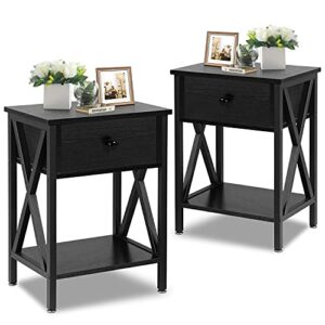 vecelo night stands for bedroom rustic nightstand bedside end tables with drawer storage, (set of 2), classic black