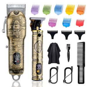 soonsell hair clippers for men t-blade trimmer set,man professional cordless barber clippers set ，blade close cutting beard trimmer ，lcd display(gold)