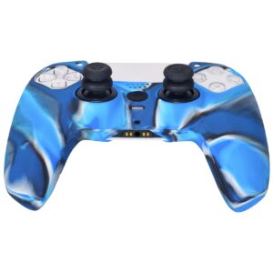 YoRHa Grip Texture Silicone Cover Skin Case for PS5 Controller x 1(Camou Blue) with Pro Thumb Grips x 8