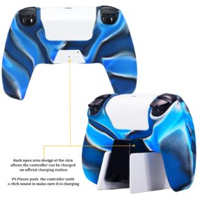 YoRHa Grip Texture Silicone Cover Skin Case for PS5 Controller x 1(Camou Blue) with Pro Thumb Grips x 8