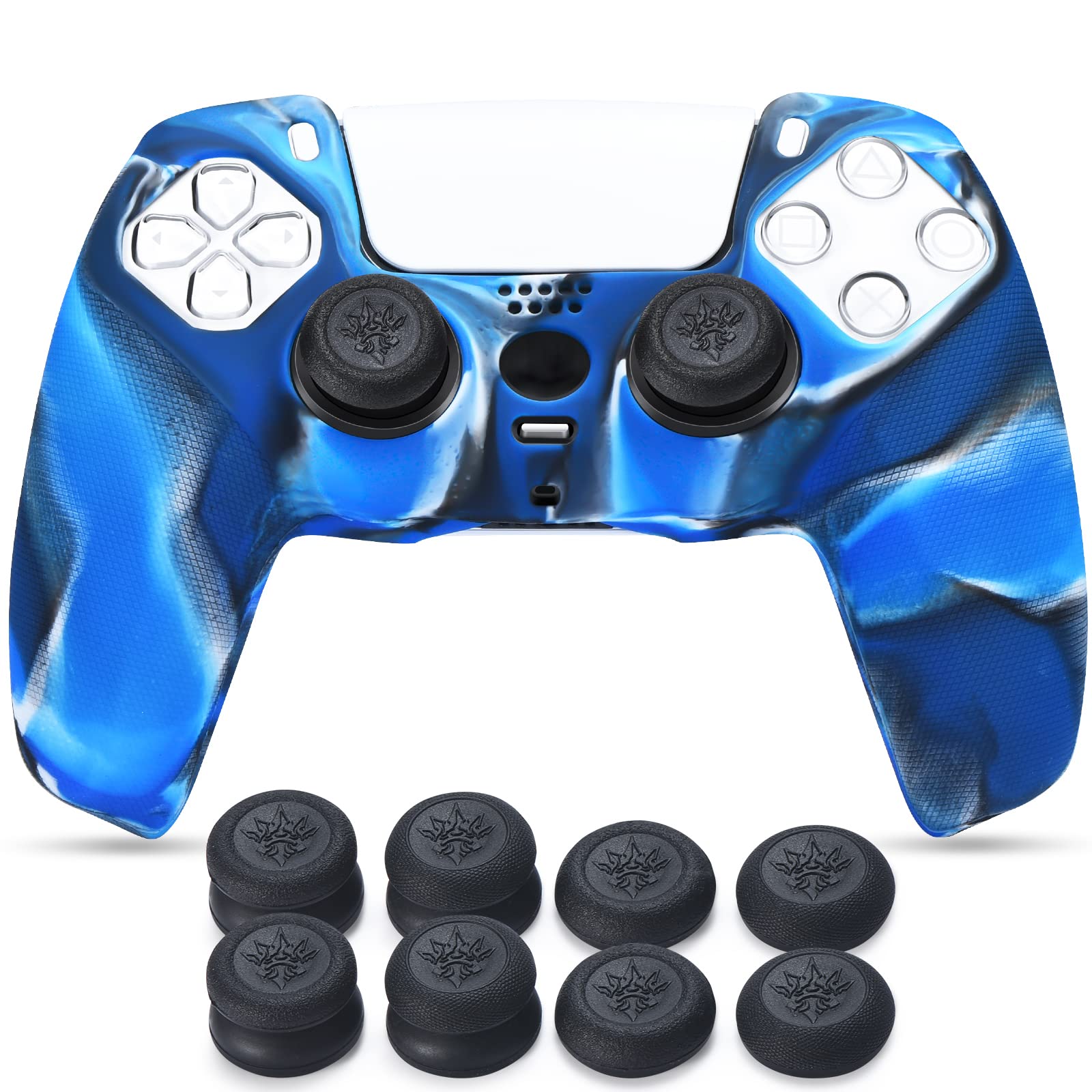 YoRHa Grip Texture Silicone Cover Skin Case for PS5 Controller x 1(Camou Blue) with Pro Thumb Grips x 8