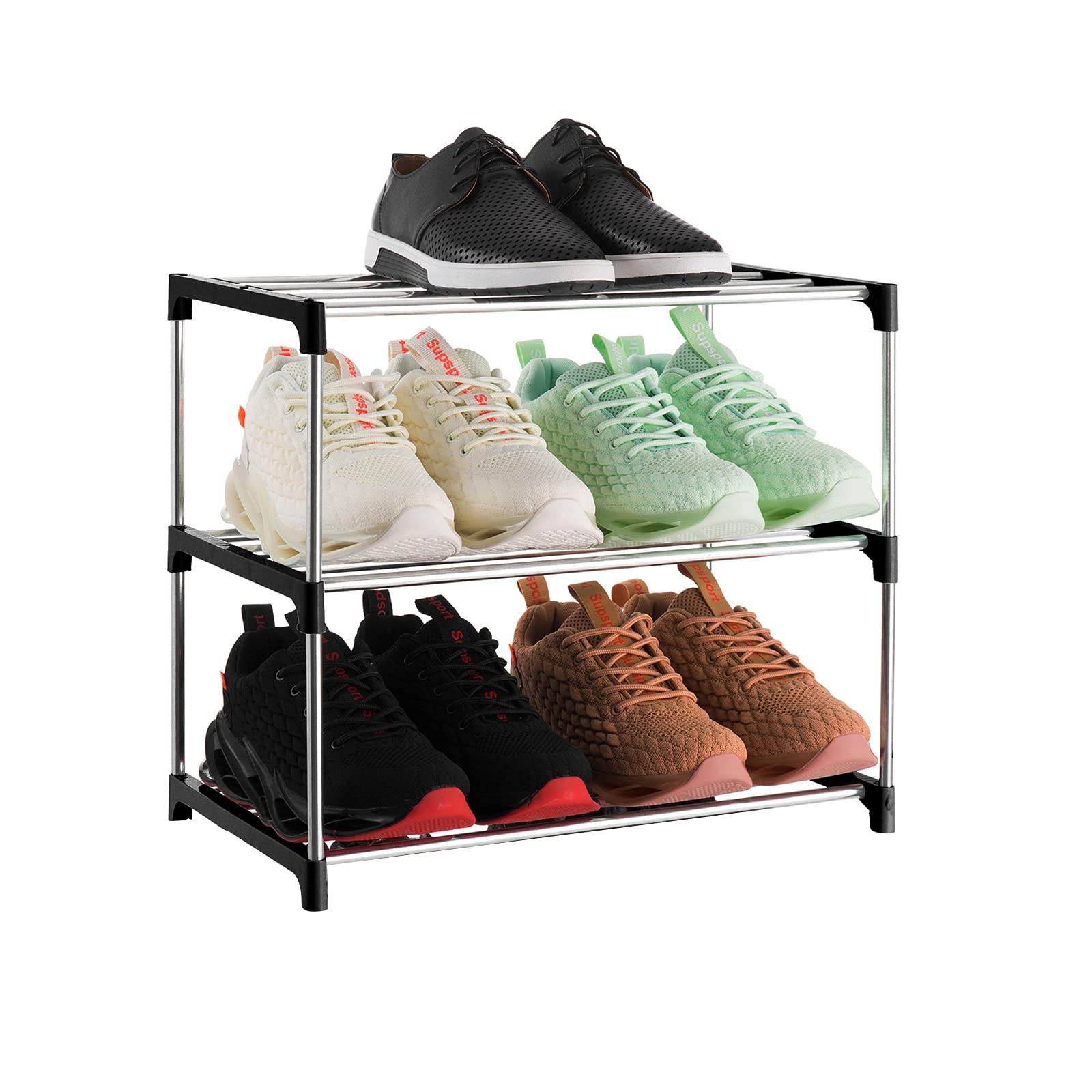 Xerhnan 3-Tier Stackable Small Shoe Rack, Lightweight Shoe Shelf Storage Organizer for Entryway, Hallway and Closet(Black)