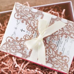 kalopezy 50pcs wedding invitation,rose gold invitations,gold powder floral laser cut with blank inner sheet, envelopes and ribbons for party wedding engagement bridal bridal shower invite (rose gold)