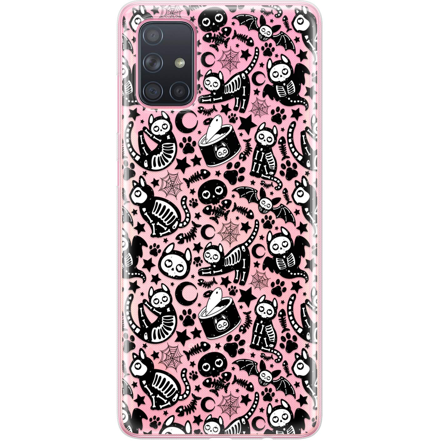 TPU Phone Case Compatible with Samsung A72 A71 5G A70 A51 A50 A32 A21 A11 A12 A13 A14 A01 Flexible Paws Spooky Cats Soft Silicone Bones Skeletons Durable Black Cute Shockproof Protective