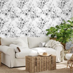 HAOKHOME 93042-2 Peel and Stick Wallpaper Boho Black/Grey/White Eucalyptus Leaf Floral Wall Mural Home Nursery Boho Contact Paper 17.7in x 9.8ft