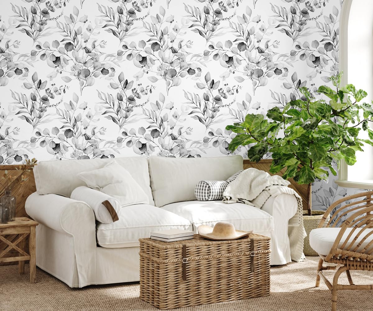 HAOKHOME 93042-2 Peel and Stick Wallpaper Boho Black/Grey/White Eucalyptus Leaf Floral Wall Mural Home Nursery Boho Contact Paper 17.7in x 9.8ft