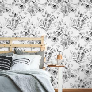 HAOKHOME 93042-2 Peel and Stick Wallpaper Boho Black/Grey/White Eucalyptus Leaf Floral Wall Mural Home Nursery Boho Contact Paper 17.7in x 9.8ft