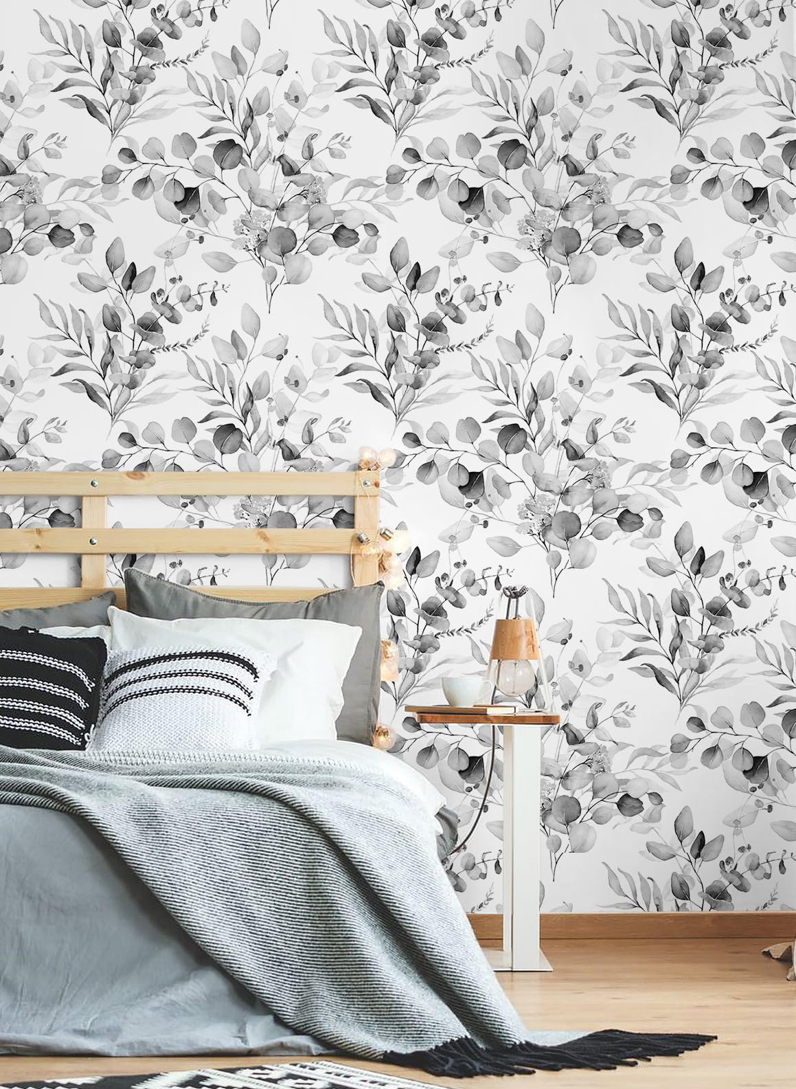 HAOKHOME 93042-2 Peel and Stick Wallpaper Boho Black/Grey/White Eucalyptus Leaf Floral Wall Mural Home Nursery Boho Contact Paper 17.7in x 9.8ft