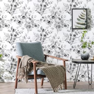 HAOKHOME 93042-2 Peel and Stick Wallpaper Boho Black/Grey/White Eucalyptus Leaf Floral Wall Mural Home Nursery Boho Contact Paper 17.7in x 9.8ft