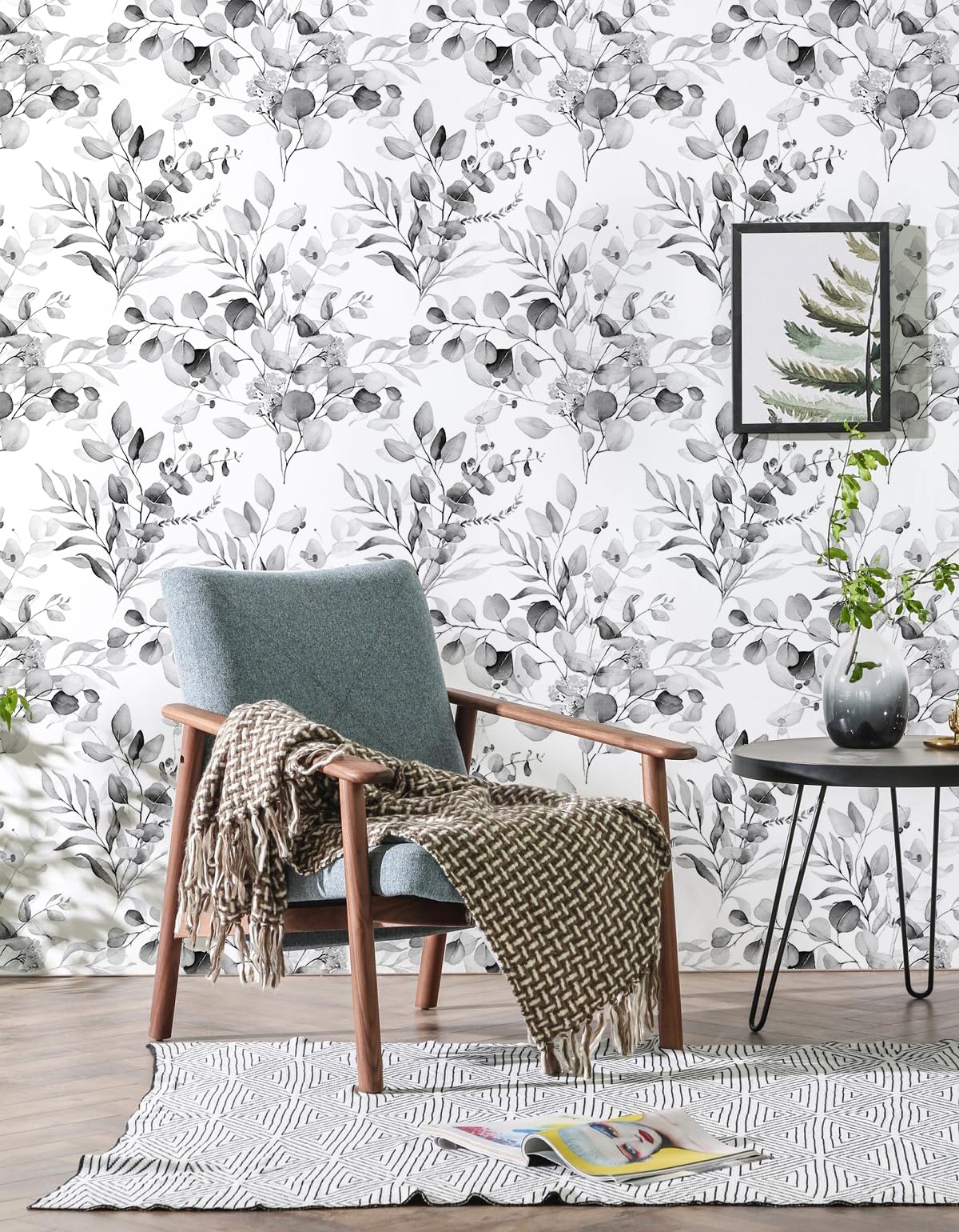 HAOKHOME 93042-2 Peel and Stick Wallpaper Boho Black/Grey/White Eucalyptus Leaf Floral Wall Mural Home Nursery Boho Contact Paper 17.7in x 9.8ft