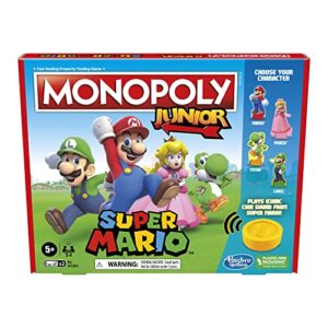 monopoly junior super mario edition board game, fun kids' ages 5 and up, explore the mushroom kingdom as mario, peach, yoshi, or luigi (amazon exclusive)