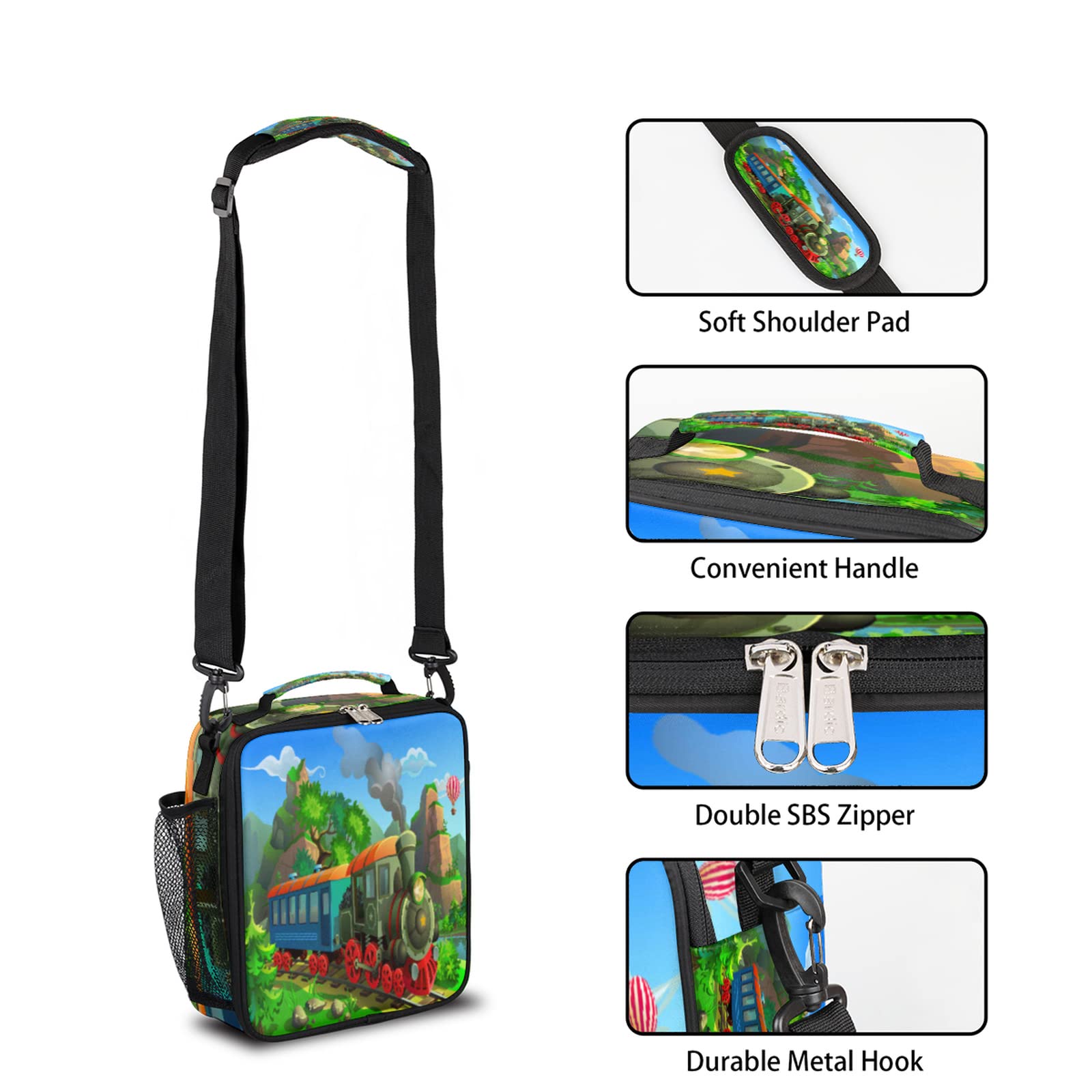 Kids Lunch Box Steam Train Insulated Lunch Bag Tote for Girls Boys, Cooler Freezable Meal Prep Bag with Shoulder Strap Waterproof Lunch Container for School Office Picnic