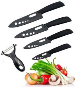 ceramic knife set of 5,sharp ceramic knife with sheath,steak knife,black kitchen knives with anti-slip handle,includes 6"chef knife,5"utility knife,4"vegetable knife,3"paring knife,1''fruit peeler