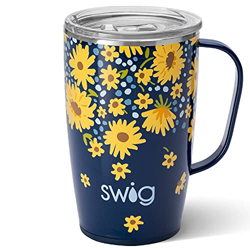 Swig Life 18oz Travel Mug, Insulated Tumbler with Handle and Lid, Travel Coffee Mug, Cup Holder Friendly Travel Mug, Stainless Steel 18 oz Tumbler, Reusable Insulated Tumbler with Lid (Lazy Daisy)