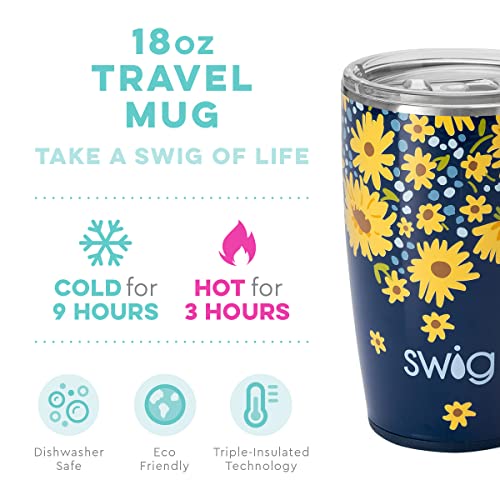 Swig Life 18oz Travel Mug, Insulated Tumbler with Handle and Lid, Travel Coffee Mug, Cup Holder Friendly Travel Mug, Stainless Steel 18 oz Tumbler, Reusable Insulated Tumbler with Lid (Lazy Daisy)