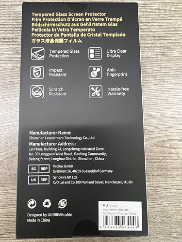 UNBREAKcable Screen Protector for iPhone 13 Pro Max/14 Plus [2-Pack] [Double Defence] [99.99% Clear] [Easy Installation] [9H Hardness] [Bubble Free] Tempered Glass for Apple iPhone 13 Pro Max - 6.7''