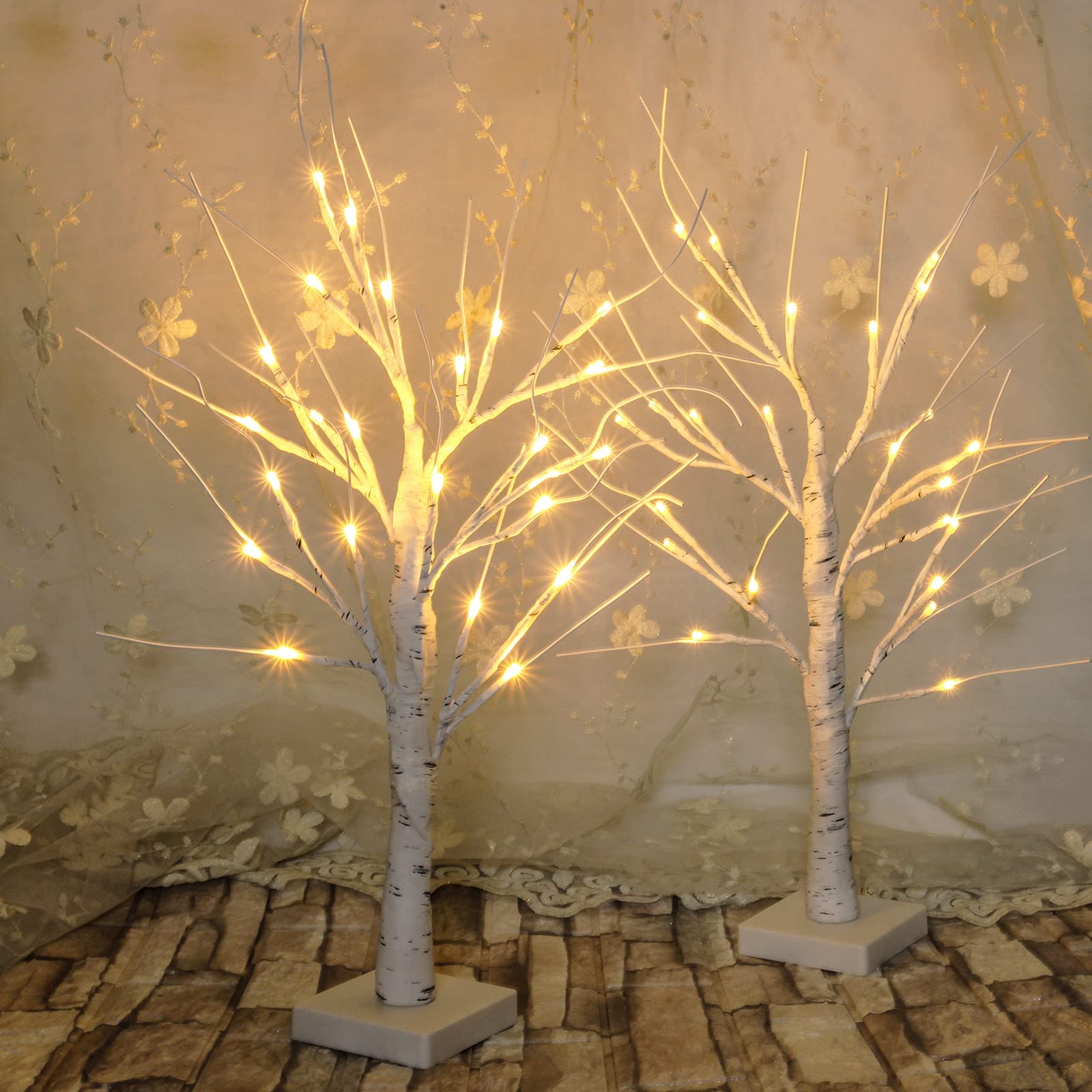 2PK 2FT 24LED Lighted Birch Tree Artificial Branch Tree, Tabletop Christmas Tree Lamp Battery Operated with Timer for Indoor Bedroom Xmas Party Wedding Festival Home DIY Decorations (Warm White)