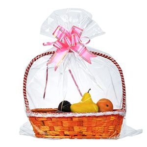 100 packs large cellophane bags 24" x 30" clear cellophane gift basket wraps extra-large 2.3 mil thick plastic wrap bags for fruit basket, gift wrap, treats, arts and crafts, 100ct ribbon bows