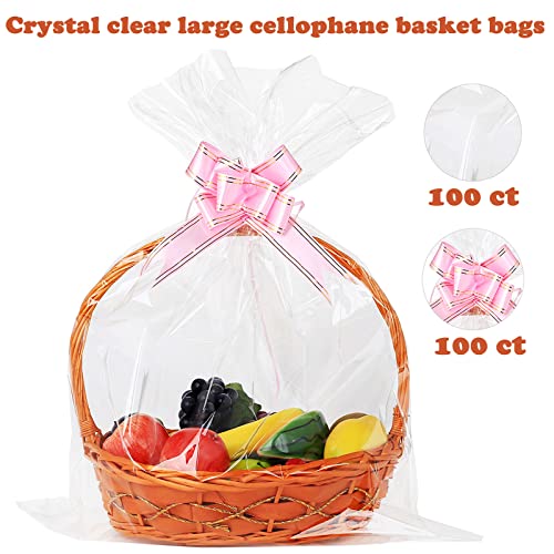 100 Packs Large Cellophane Bags 24" x 30" Clear Cellophane Gift Basket Wraps Extra-large 2.3 Mil Thick Plastic Wrap Bags for Fruit Basket, Gift Wrap, Treats, Arts and Crafts, 100ct Ribbon Bows