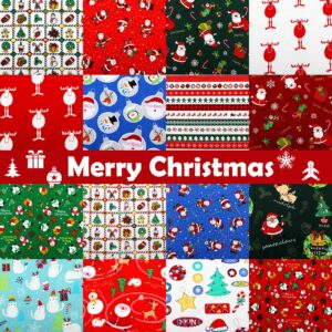 16 pieces christmas fabric fat quarters bundle christmas patterned cotton fabric santa claus snowman christmas tree print quilting fabric cloth for christmas sewing patchwork diy yard (10 x 10 inch)