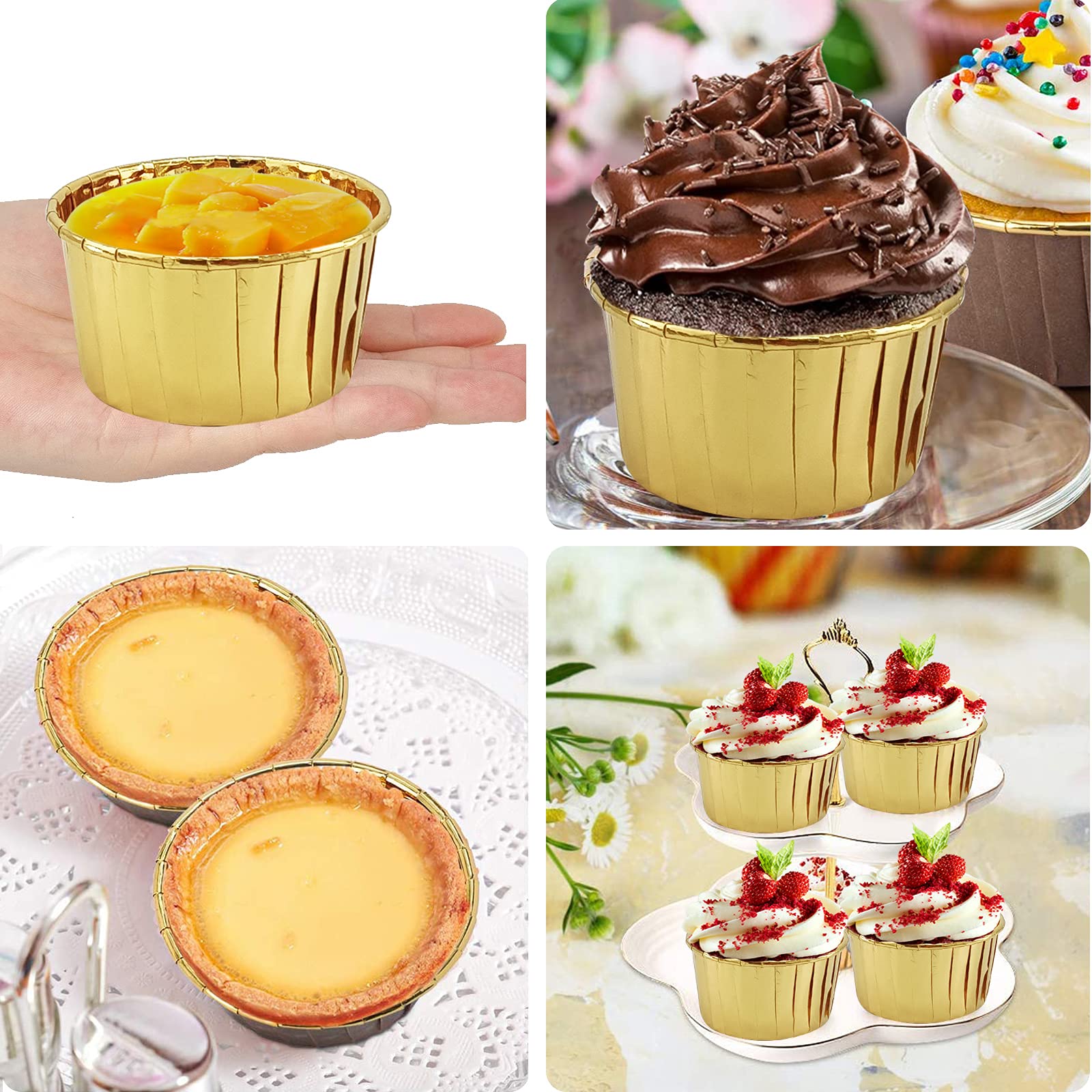 Cupcake Muffin Liners With Lids 100 Pack,LNYZQUS 5.5 Oz Large Foil Baking Cups Muffin Tins,Disposable Ramekins Cupcake Cups Cupcake Wrappers Holders For Wedding Valentine,with Spoons-Gold