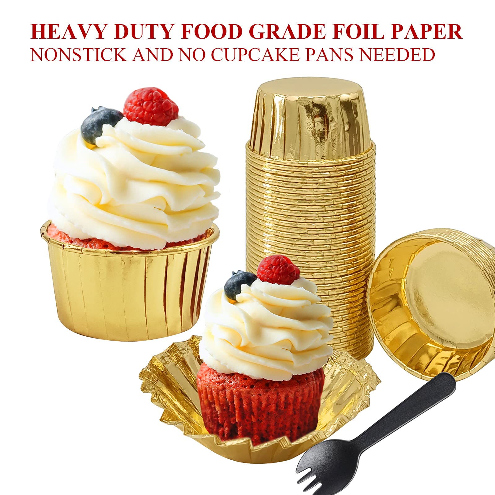 Cupcake Muffin Liners With Lids 100 Pack,LNYZQUS 5.5 Oz Large Foil Baking Cups Muffin Tins,Disposable Ramekins Cupcake Cups Cupcake Wrappers Holders For Wedding Valentine,with Spoons-Gold