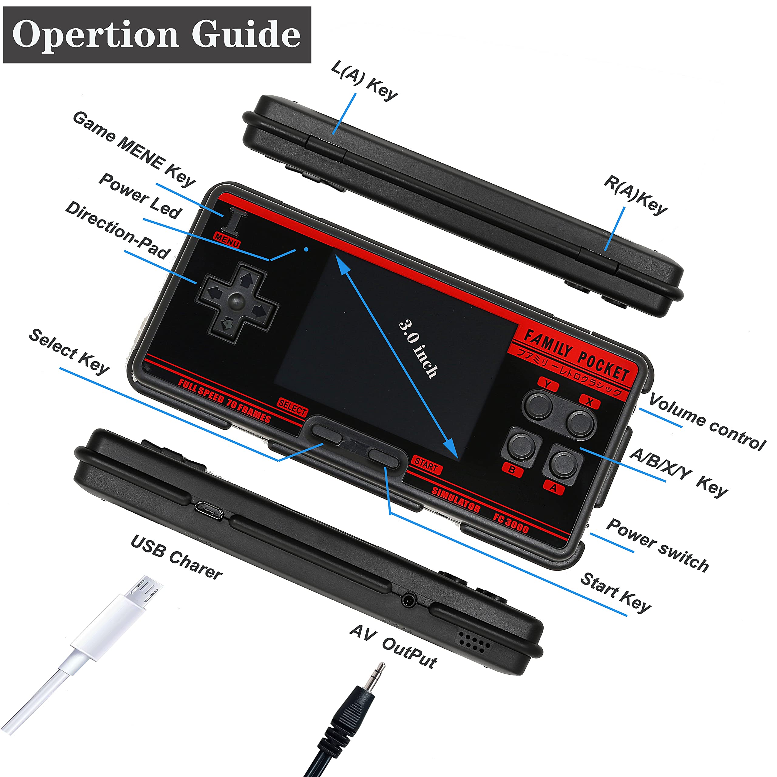 Handheld Game Console Emulator Console, HD AV Output, 3.0-inch IPS Screen, with 32G TF Card, 5000 Classic Games, Adult and Children Portable Video Game Console Gifts (black)