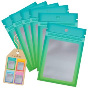 funfery 100 pack smell proof resealable bags for food storage,cute mylar clear bags for small business foil pouch ziplock packaging bags for sample jewelry eyelash gloss(blue green,2.7x3.9in)