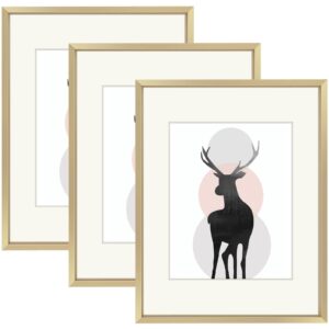 space art deco, 11x14 metal aluminum picture frame set of 3, display pictures 8x10 with mat or 11 x 14 without mat, wall mounting gallery photo frames, gold