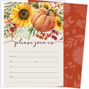 koko paper co fall invitations with pumpkin and sunflowers | 25 fill-in invitations and 25 bright white envelopes | printed on heavy card stock.