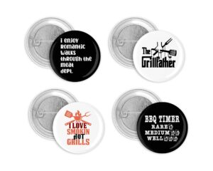 set of 4 bbq grilling funny pin back buttons 1.5 inch