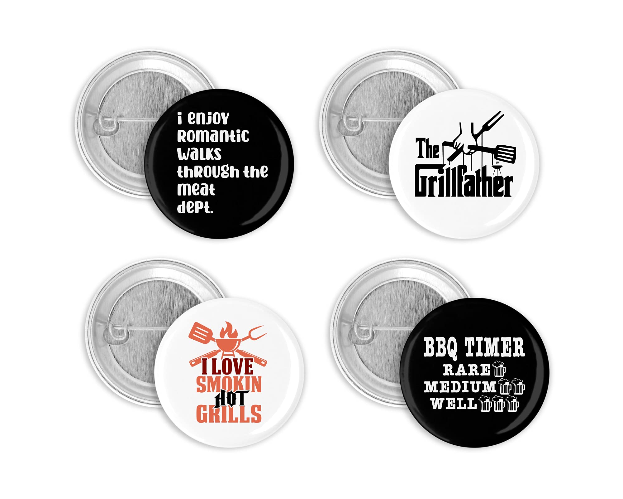 Set of 4 BBQ Grilling Funny Pin Back Buttons 1.5 Inch