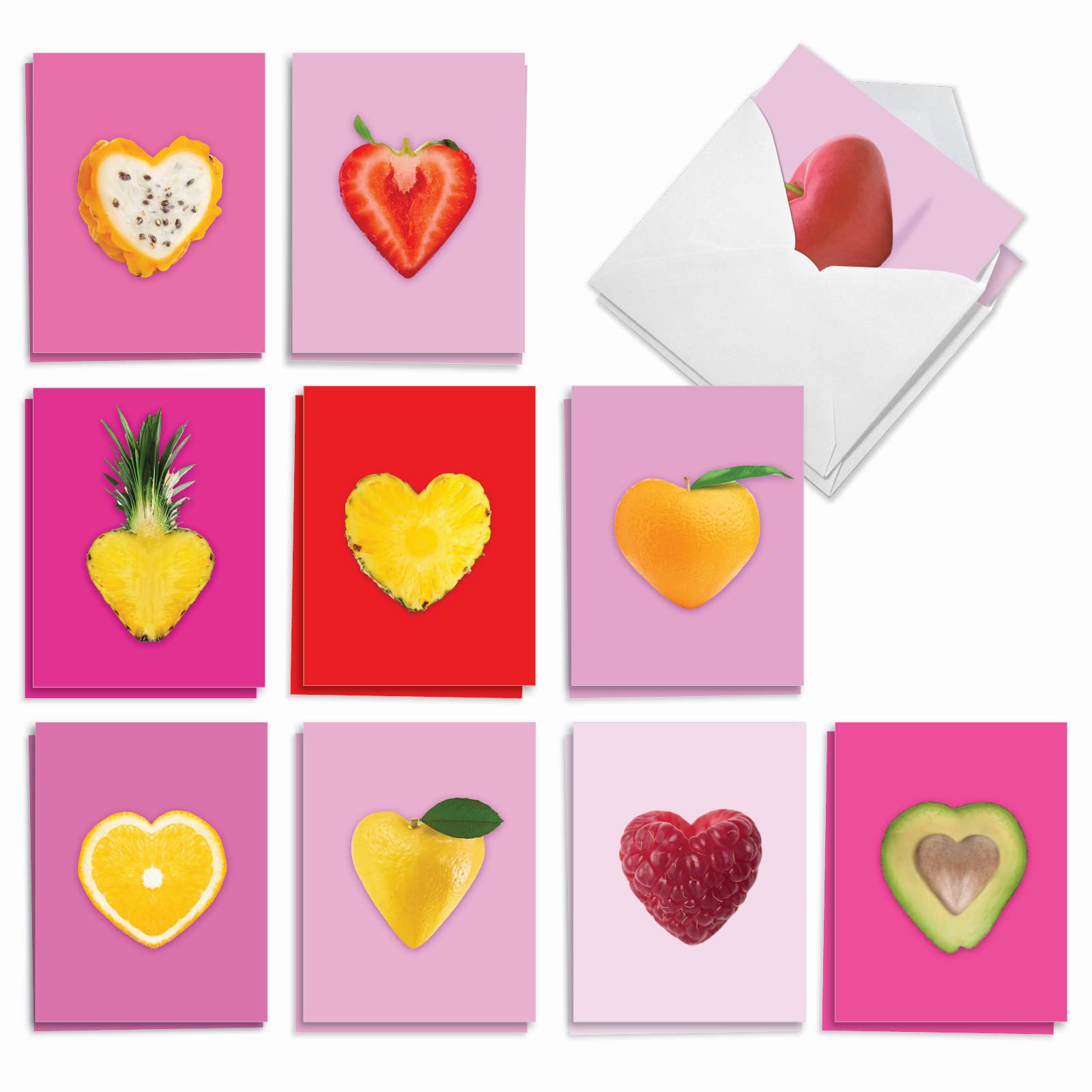 The Best Card Company - 20 Cute Boxed Cards (4 x 5.12 Inch) - Assorted Blank Set (10 Designs, 2 Each) - Fruit Hearts AM8992OCB-B2x10