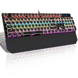 magegee typewriter mechanical gaming keyboard, retro punk round keycaps with rgb rainbow backlit usb wired keyboards for game and office, for windows laptop pc mac - blue switches/black