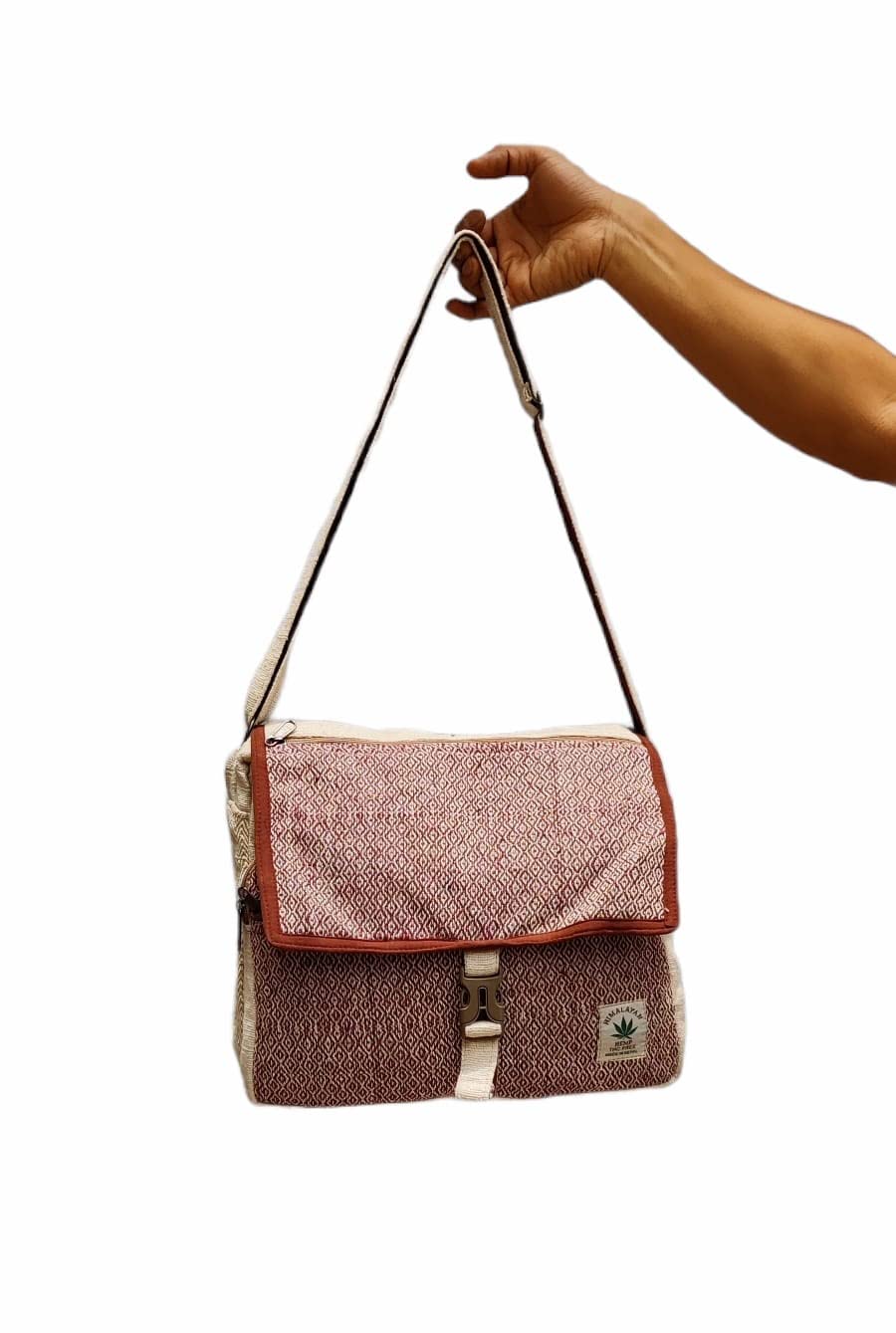 VIBRANIC Himalayan HEMP Cross-Body Messenger Bag - THC Free - Over-the-Shoulder Sling Bag - Red Diamond Pattern - Unisex - All Natural Handmade - Multi-Pocket - Made In Nepal