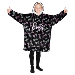 barbie girls oversized blanket hoodie, sherpa fleece hooded snuggle blanket (black)