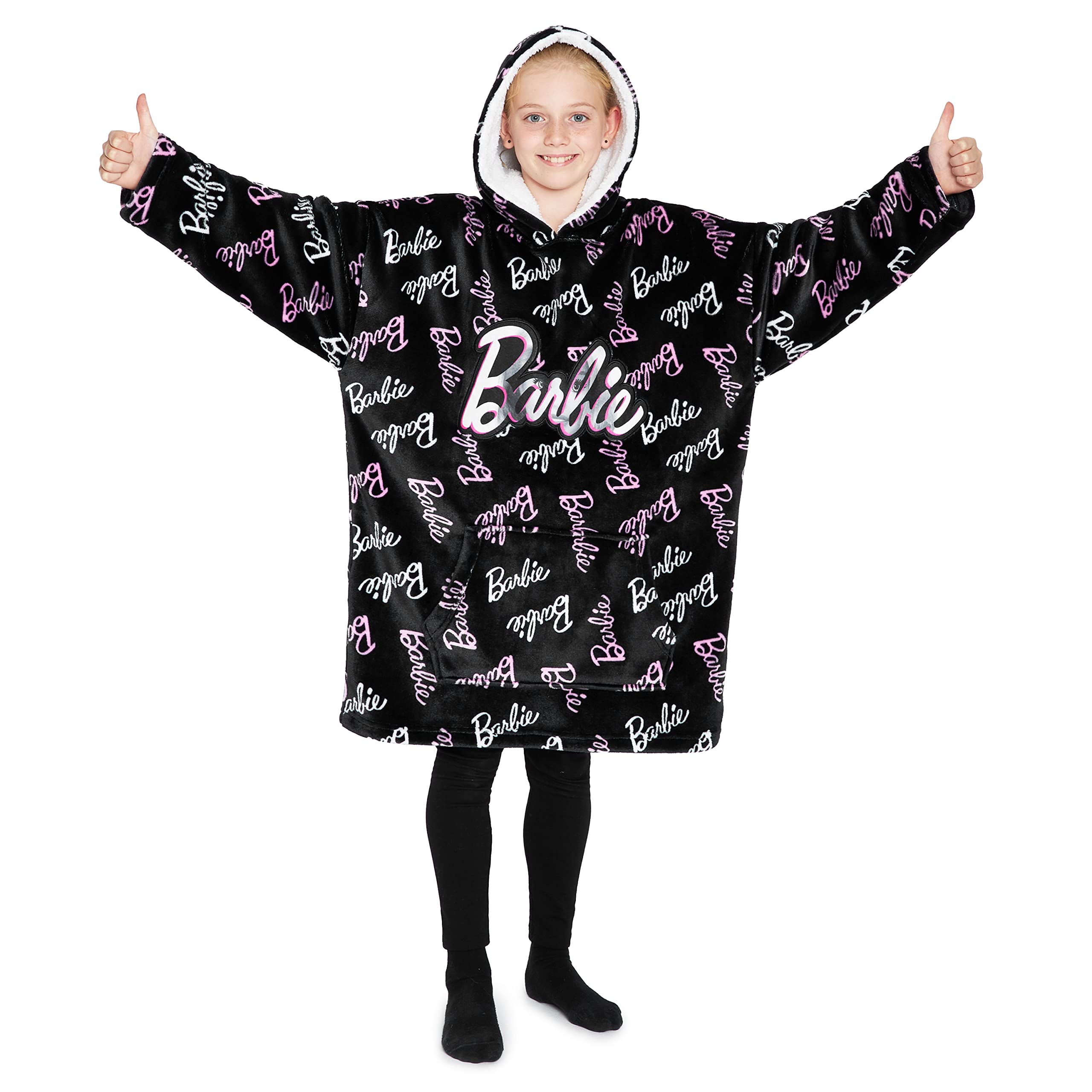 Barbie Girls Oversized Blanket Hoodie, Sherpa Fleece Hooded Snuggle Blanket (Black)