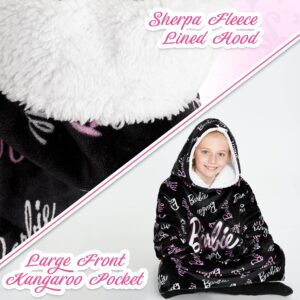 Barbie Girls Oversized Blanket Hoodie, Sherpa Fleece Hooded Snuggle Blanket (Black)