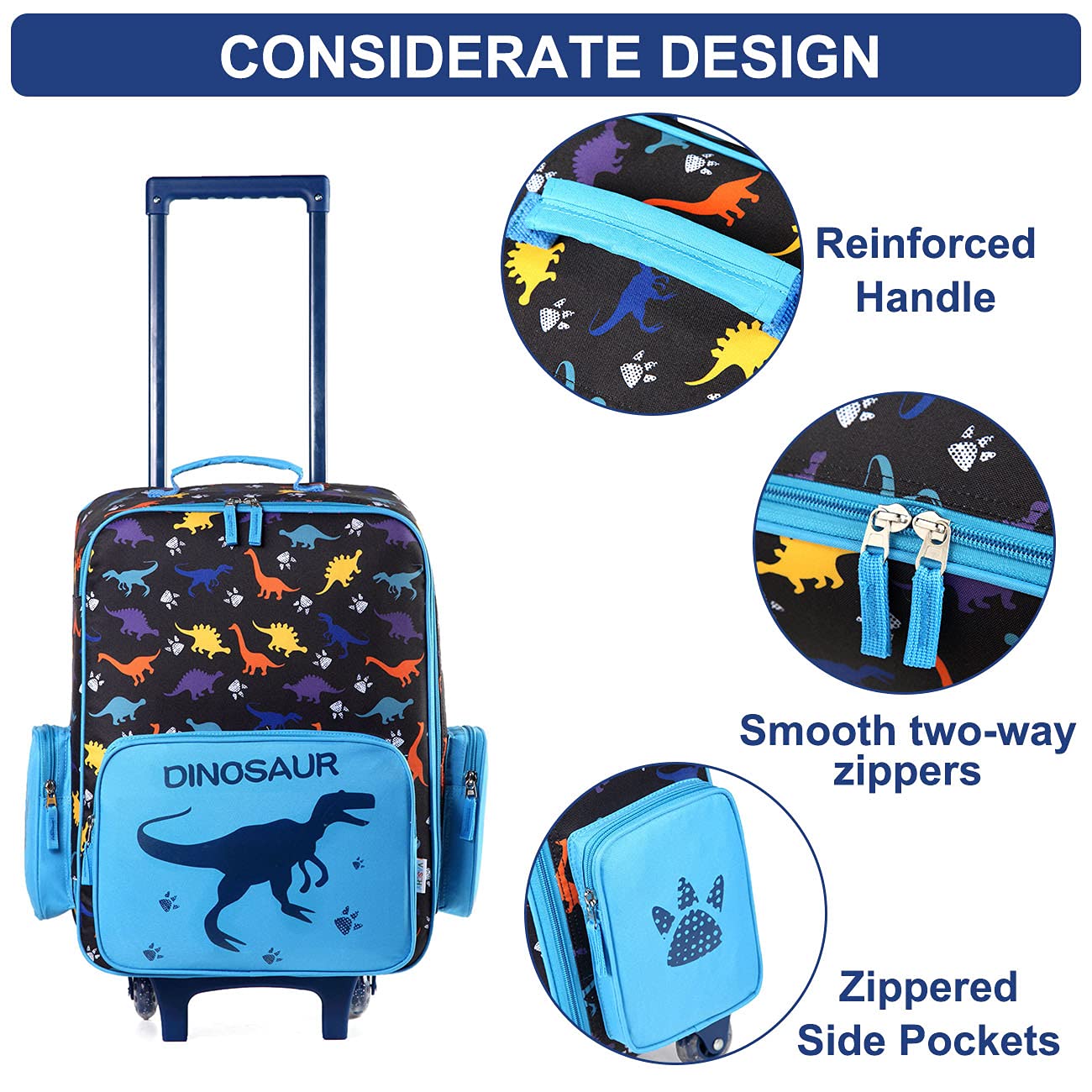 VASCHY Kids Luggage for Boys, Cute Rolling Travel Carry on Suitcase for Toddlers/Children with Wheels 18inch Dinosaur