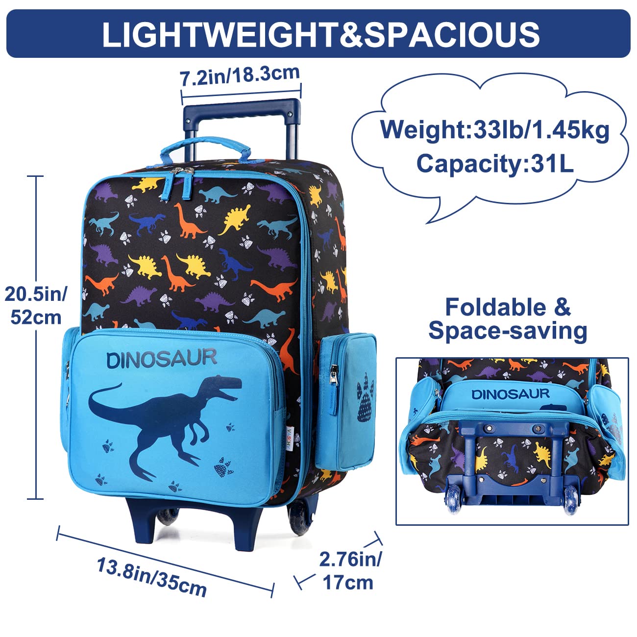 VASCHY Kids Luggage for Boys, Cute Rolling Travel Carry on Suitcase for Toddlers/Children with Wheels 18inch Dinosaur