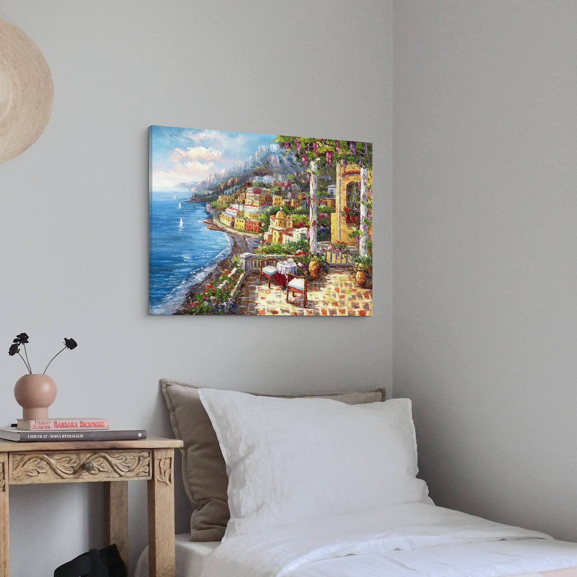 Italy Painting Oil Canvas Wall Art： Mediterranean Cityscape Artwork Italian Sea Picture Modern City Street Decoration Landscape Prints for Paris Cafe Room Decor