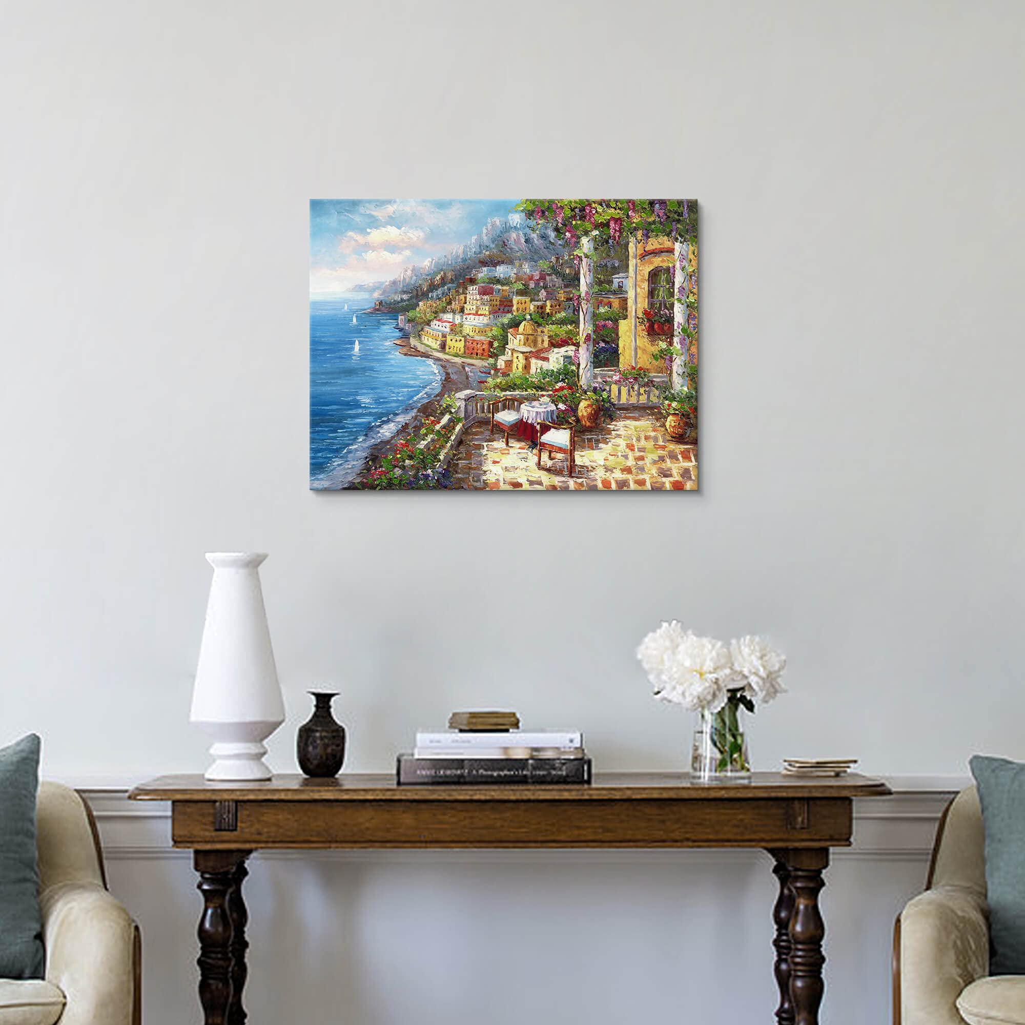 Italy Painting Oil Canvas Wall Art： Mediterranean Cityscape Artwork Italian Sea Picture Modern City Street Decoration Landscape Prints for Paris Cafe Room Decor