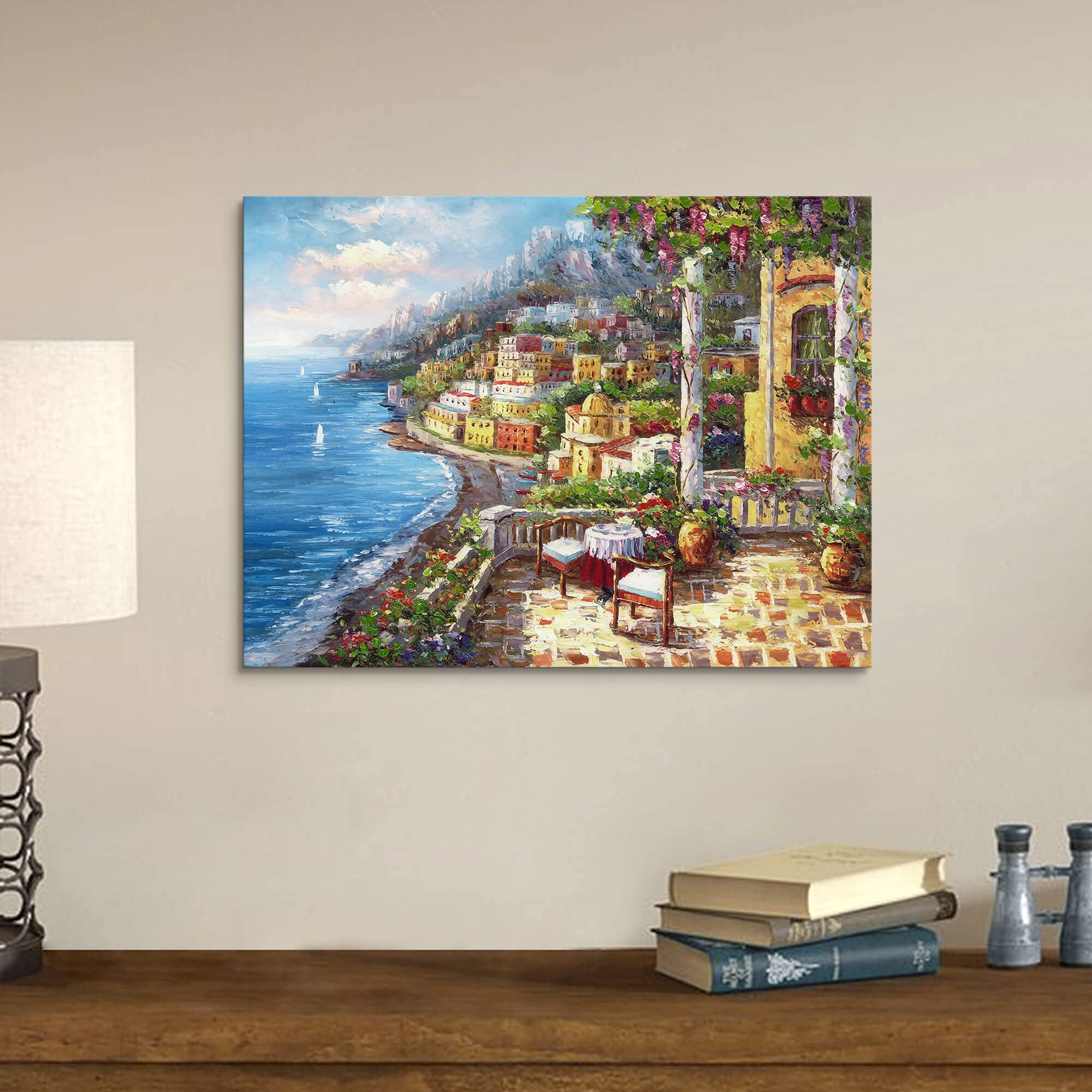 Italy Painting Oil Canvas Wall Art： Mediterranean Cityscape Artwork Italian Sea Picture Modern City Street Decoration Landscape Prints for Paris Cafe Room Decor