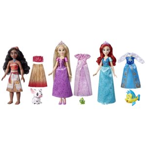 disney princess royal fashions and friends, fashion doll 3-pack, ariel, moana, and rapunzel, toy for girls 3 years and up