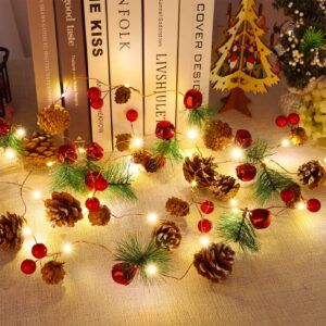 christmas garland with string lights 10 ft 30 led pine cone red berry bells garland lights, indoor christmas decorations for home and fireplace mantel decor, christmas tree decor