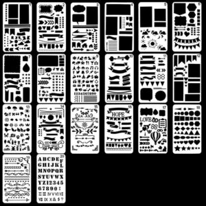 journal stencil 20 pcs plastic planner stencils set for journal notebook diary scrapbook diy drawing card template journal stencils, 4x7 inch1