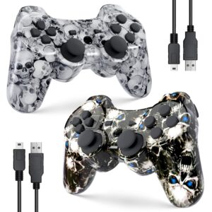 ps3 controller wireless, gaming remote joystick for playstation 3 with charger cable cord (black ghost, white skull)