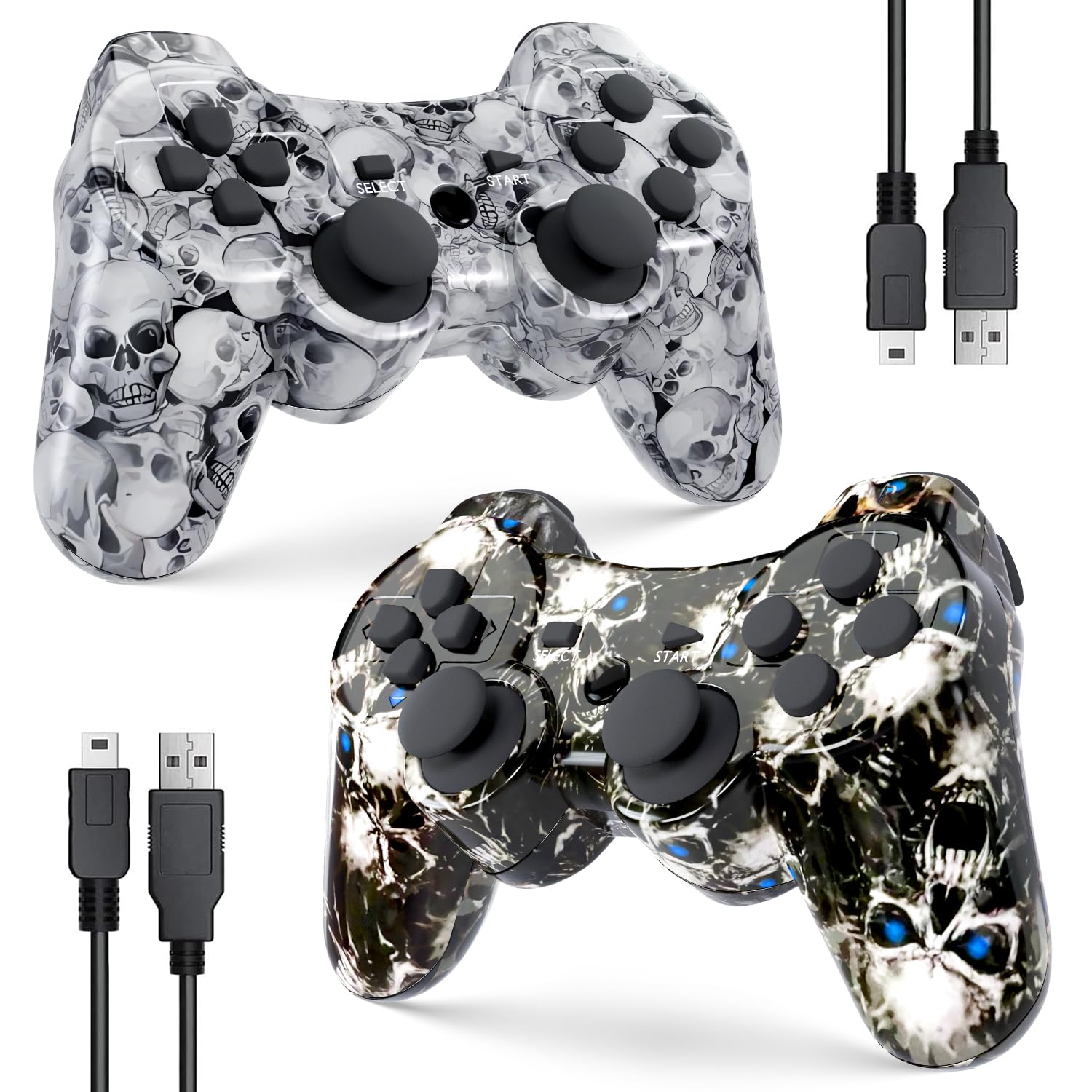 PS3 Controller Wireless, Gaming Remote Joystick for Playstation 3 with Charger Cable Cord (Black Ghost, White Skull)